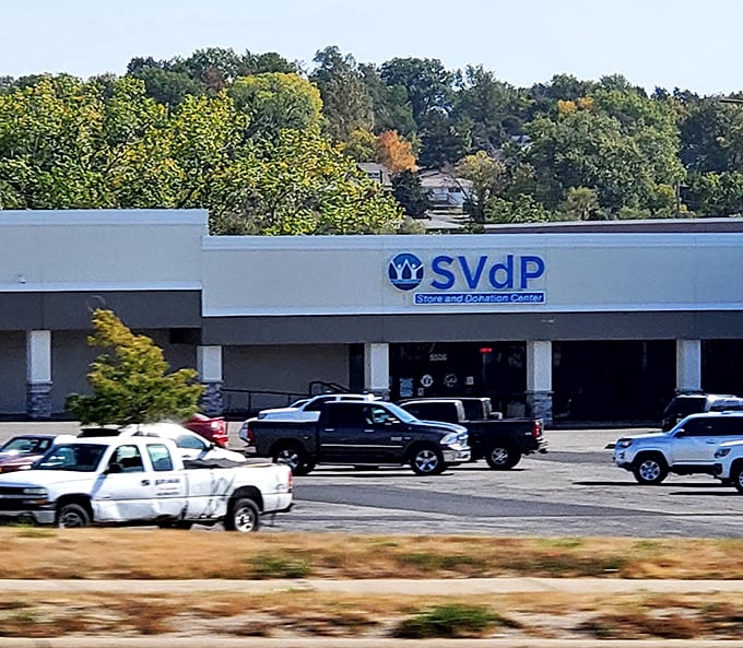 Surrounded by trees and parked trucks, this SVdP store blends into the landscape. Inside awaits a forest of fantastic finds!