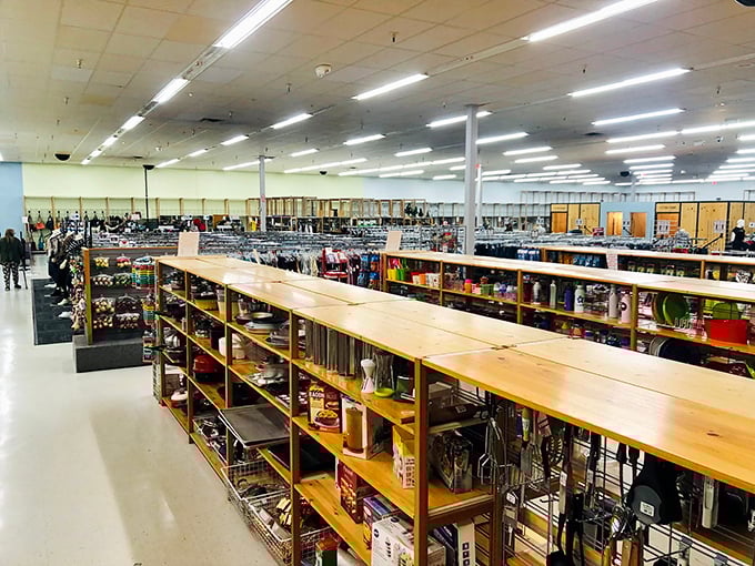 A thrifter's wonderland awaits. Shelves upon shelves of kitchen treasures and household gems beckon.