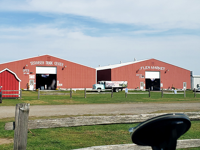 Tecumseh Trade Center: Twin red giants standing guard over countless treasures. Like Noah's Ark for vintage finds&mdash;they come two by two!