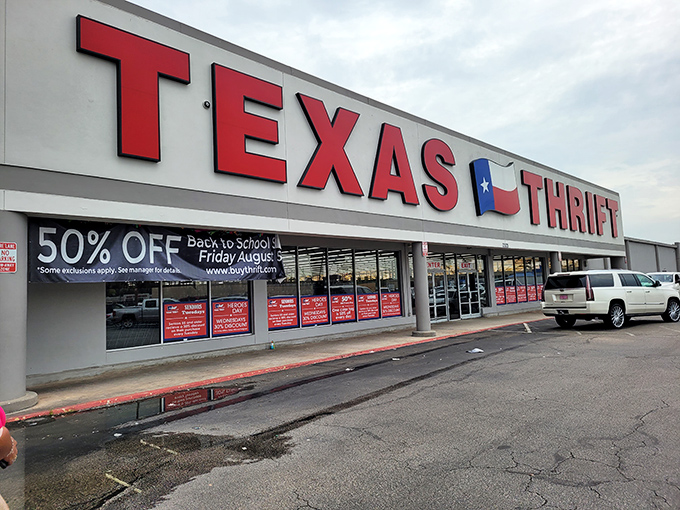 The bold red letters against white backdrop scream "serious savings ahead!" This isn't just shopping&mdash;it's a Texas-sized adventure.