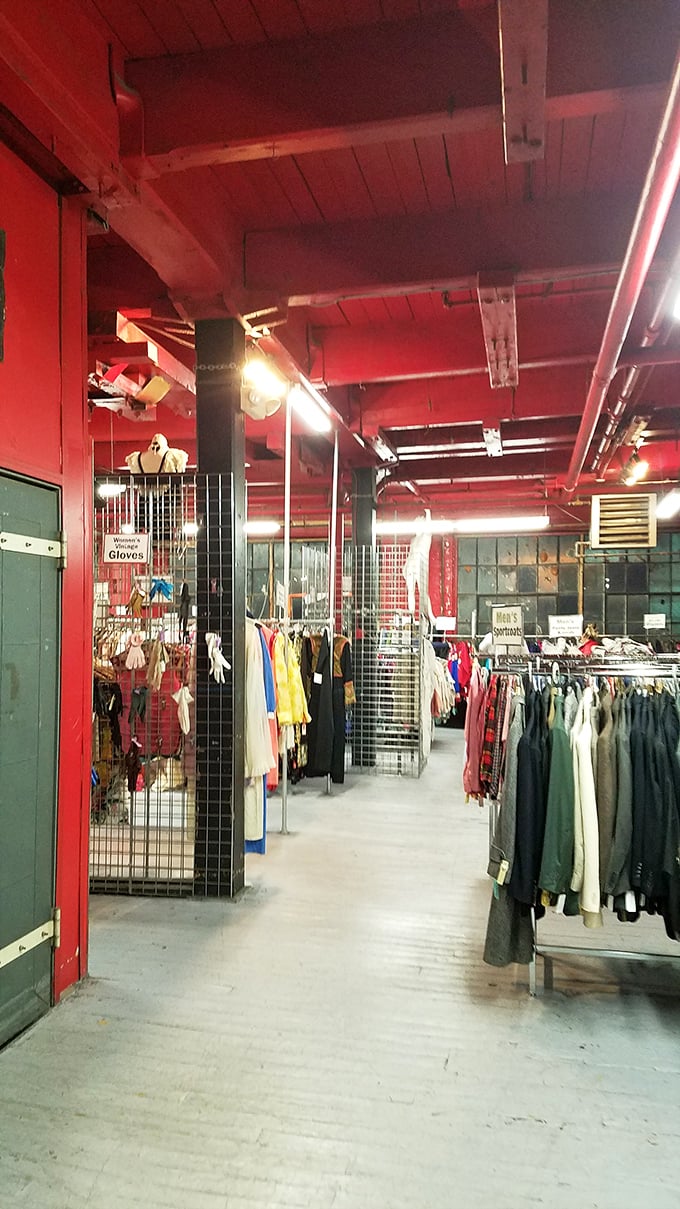 Red walls and exposed pipes give this section of The Garment District an industrial-chic vibe that makes vintage shopping feel cutting-edge.