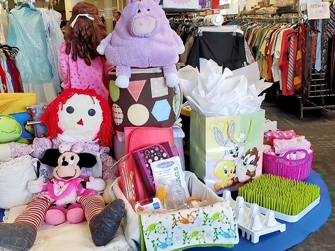 Plush toys and baby gear galore! This colorful corner of Salvation Army is a parent's budget-saving dream.