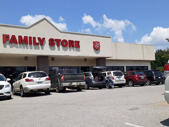 Cars fill the lot at this Salvation Army store. Inside, everything from vintage vinyl to yesterday's fashions awaits new homes.