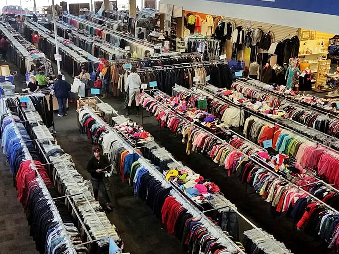From above, the clothing section resembles a colorful patchwork quilt. Each rack tells its own story of fashion eras gone by.