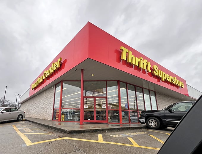 Thrift Superstore's red and yellow facade - as inviting to bargain hunters as a bakery smell is to dieters.