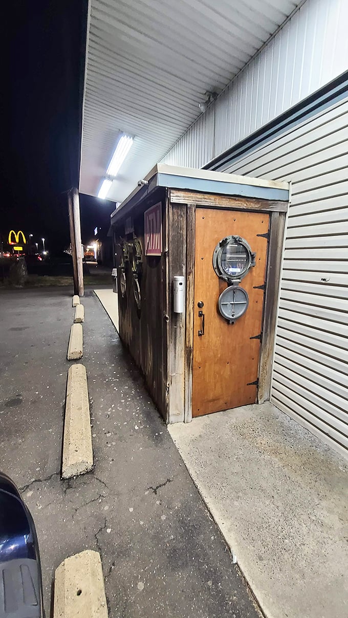 These submarine-style doors make entering feel like you're boarding Captain Nemo's vessel for dinner instead of adventure.