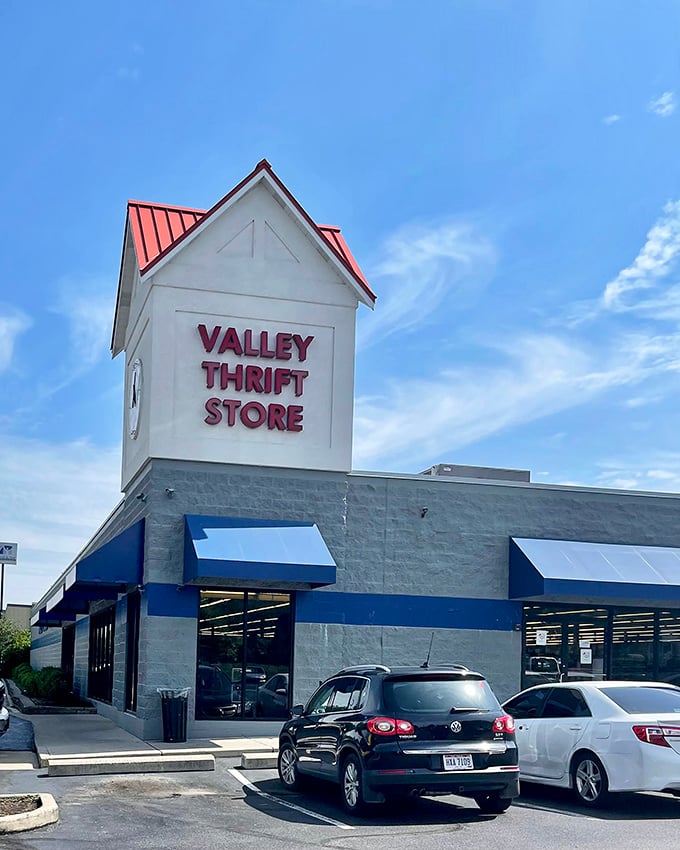 The blue trim and red-roofed tower make Valley Thrift impossible to miss. Inside, time disappears faster than cookies at a family reunion.