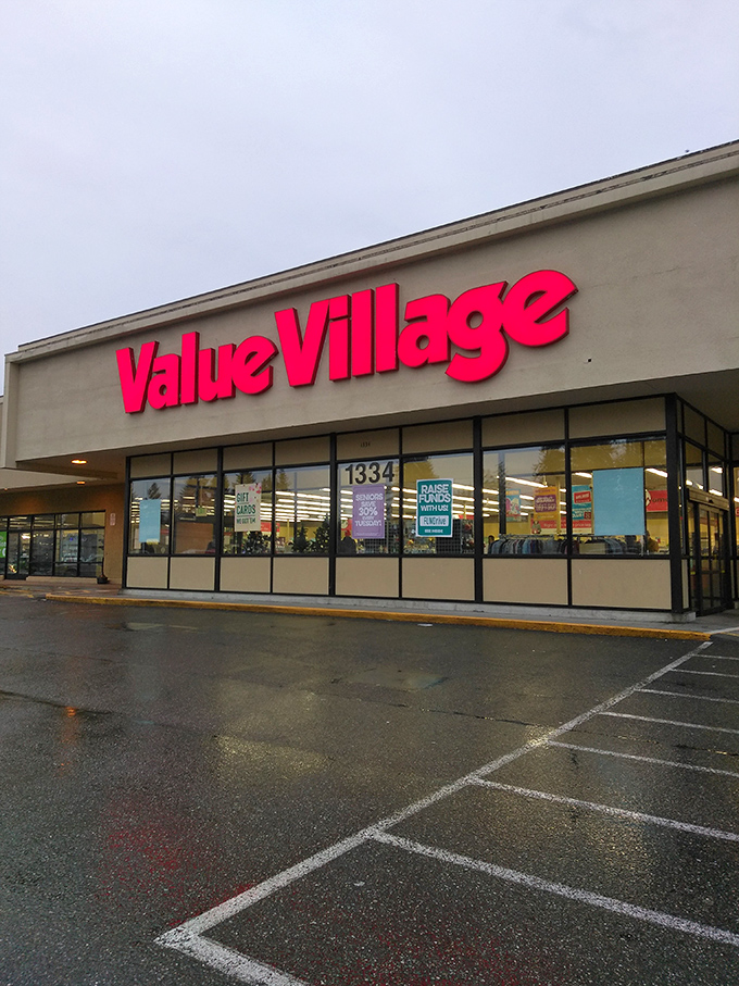 Rain or shine, Value Village stands ready - the Fort Knox of secondhand finds with windows showcasing potential discoveries.