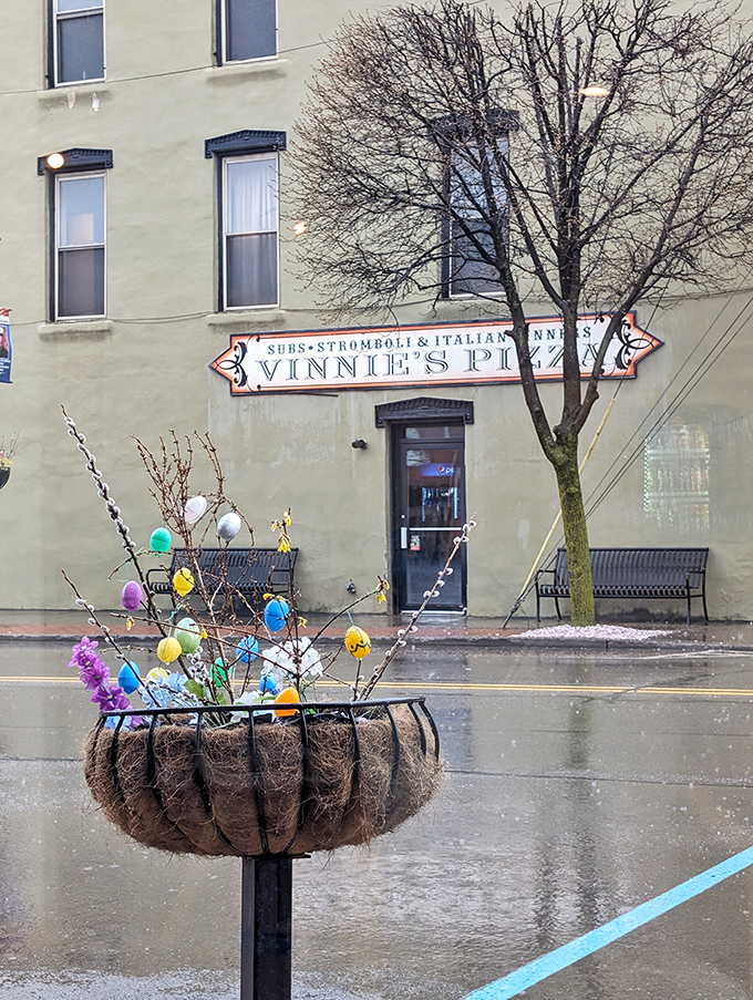 Small-town pizza joints like Vinnie's are where memories are made. That Easter decoration adds a touch of local charm.