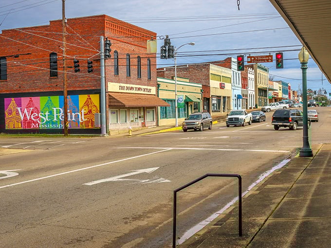 The "West Point" mural welcomes you to a town where your retirement dollars stretch further than your grandmother's famous taffy.