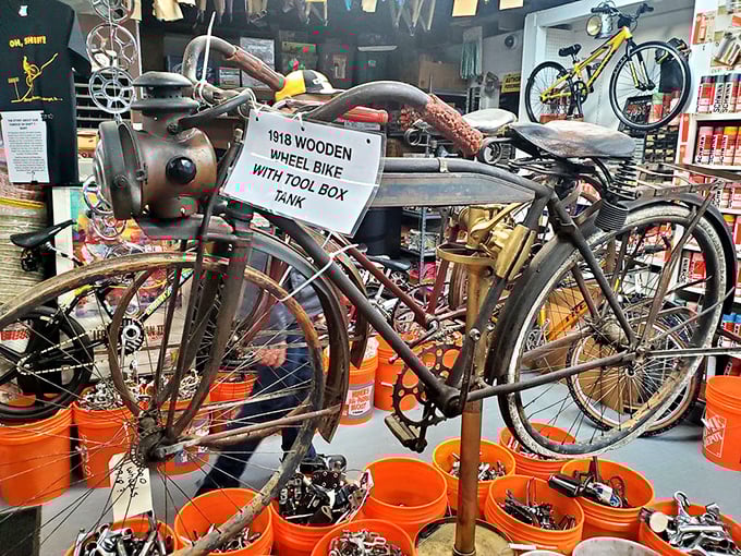 This 1918 wooden wheel bike with tool box looks like something your great-grandfather would've ridden to work&mdash;assuming he had thighs of steel.