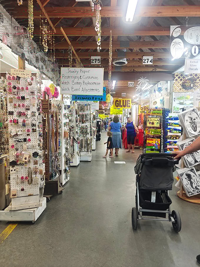 Jewelry repair, watch batteries, and enough sparkly things to make a magpie have a midlife crisis. The numbered stalls create the illusion of organization in this glorious chaos.