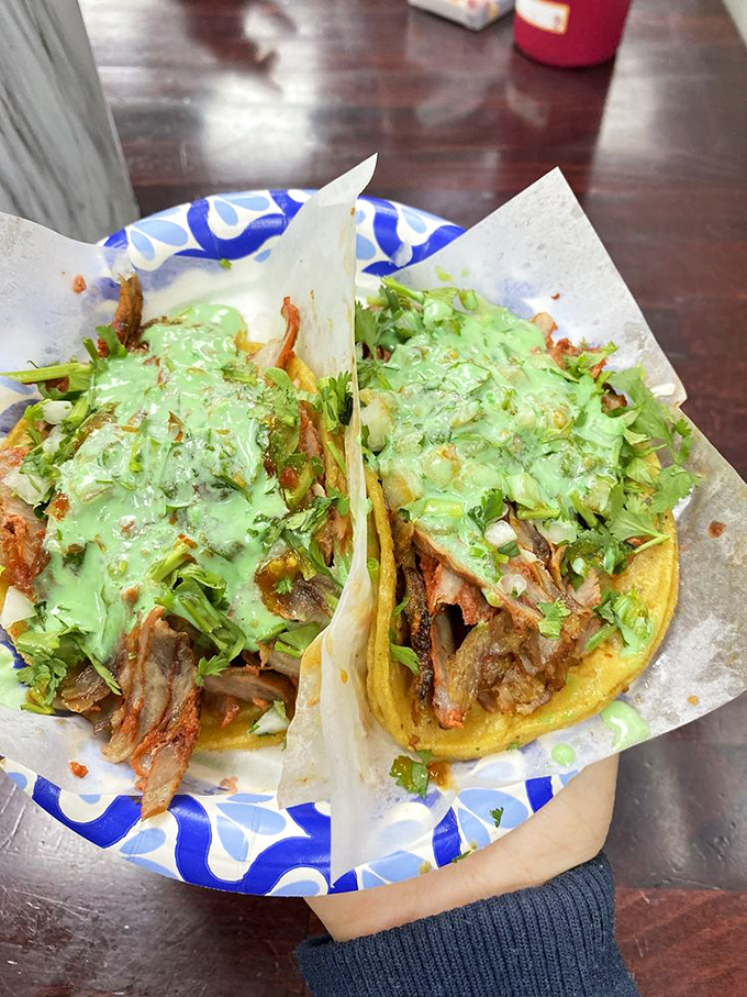 These adobada tacos aren't just food&mdash;they're little flavor bombs topped with a green sauce that should be illegal in at least 12 states.