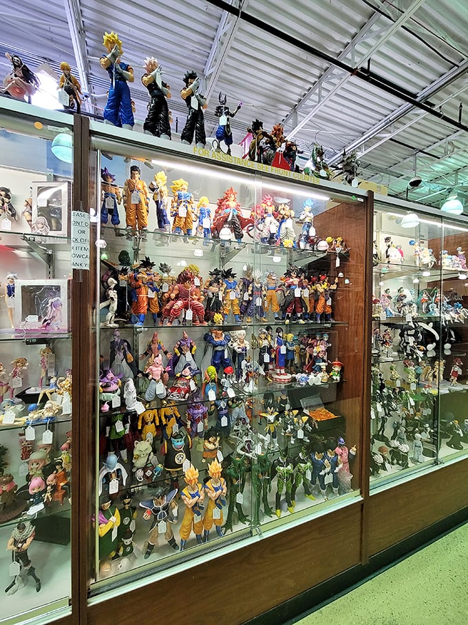 Anime figurines stand at attention, a colorful army of childhood memories and collector dreams. Each tiny warrior represents hours of animated adventures.