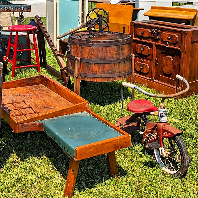 Like a time capsule exploded on the lawn—that antique washing machine has cleaned more clothes than your grandma's stories have cleaned up for polite company.