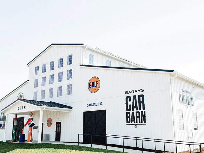 Barry's Car Barn offers a gleaming white tribute to automotive history, proving that not all Lancaster County transport runs on hay power.