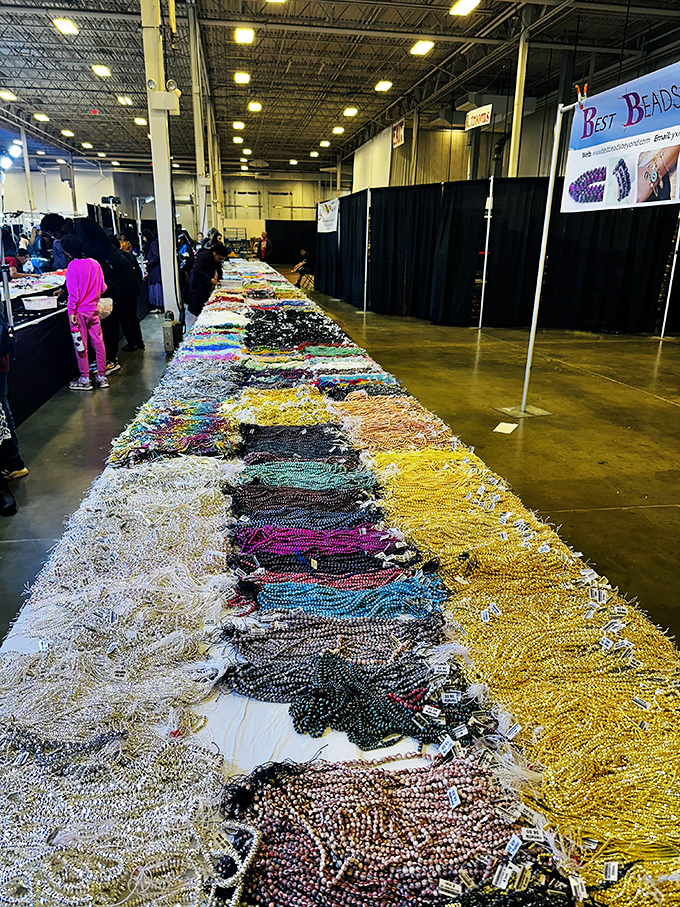 Bead paradise stretches to the horizon! A rainbow river of necklaces flows across tables, promising the perfect accent for any outfit or occasion.