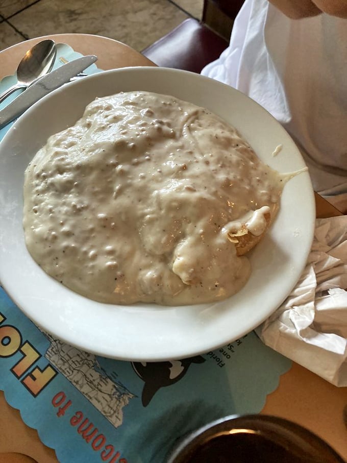 Biscuits and gravy that would make your Southern grandmother weep with joy&mdash;a creamy, peppery blanket covering what lies beneath.