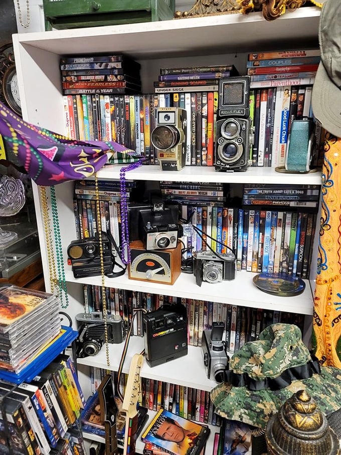 Nostalgia corner alert! Vintage cameras and DVDs create a time capsule where technology's past lives on, ready for collectors to rescue.