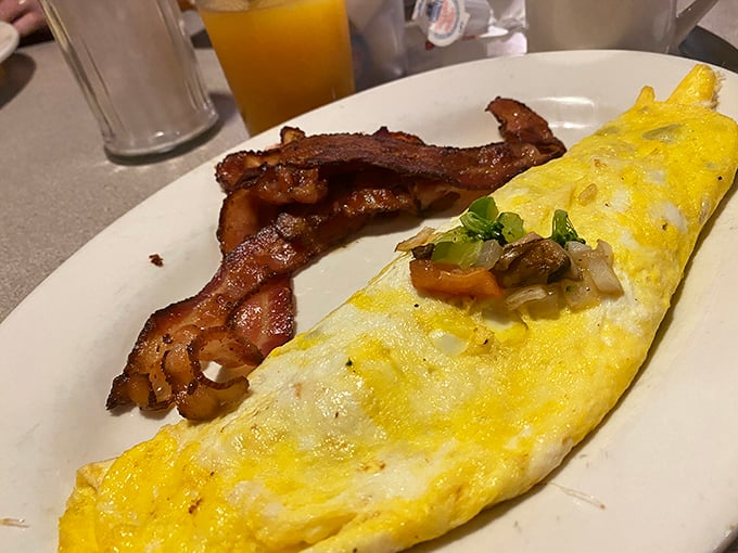 Breakfast perfection doesn't need fancy plating &ndash; just a golden omelet stuffed with veggies, crispy bacon, and the promise of a better day.