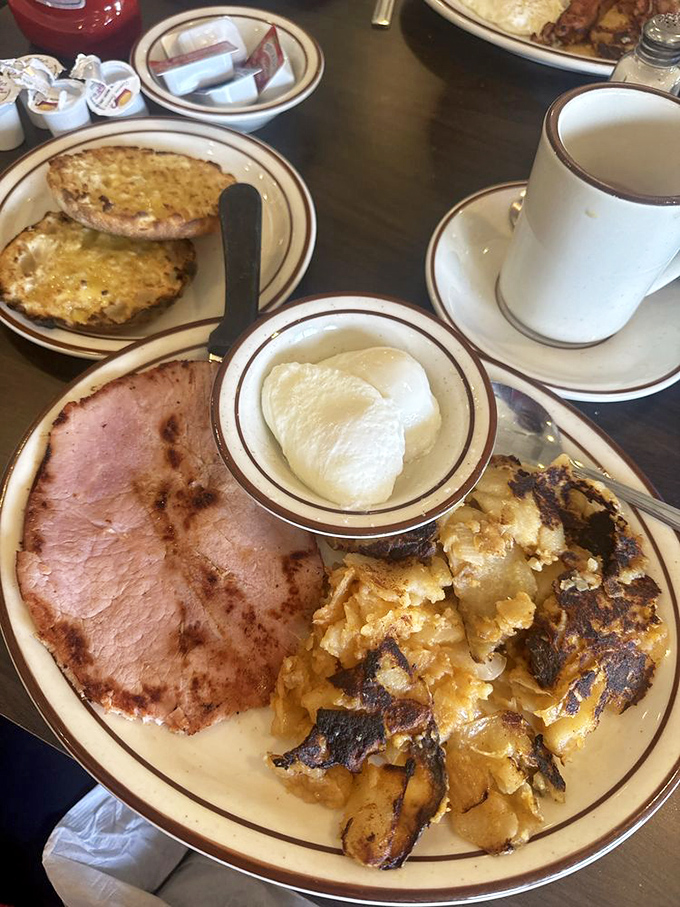 Ham and hash browns that would make your cardiologist wince but your taste buds sing hallelujah. Worth every delicious calorie.