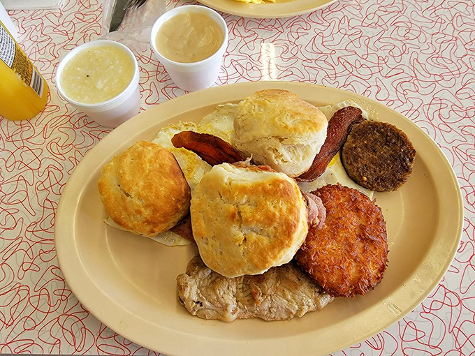 Breakfast nirvana achieved! Those golden biscuits could make a grown person weep with joy, while the country ham delivers a salty symphony.