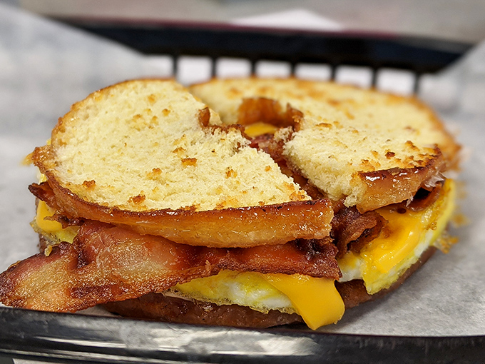 Breakfast sandwich nirvana: eggs, cheese, and bacon nestled between donut halves. Who needs bread when you can have your breakfast sandwiched between dessert?