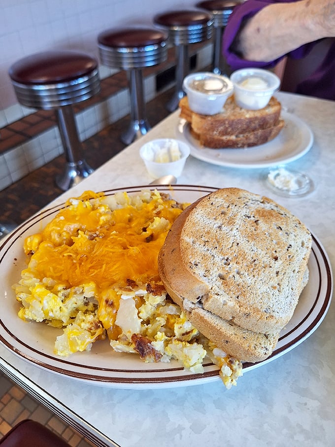 Behold the breakfast of champions: scrambled eggs with melted cheddar and a multi-grain English muffin. No food stylist needed when it tastes this good.