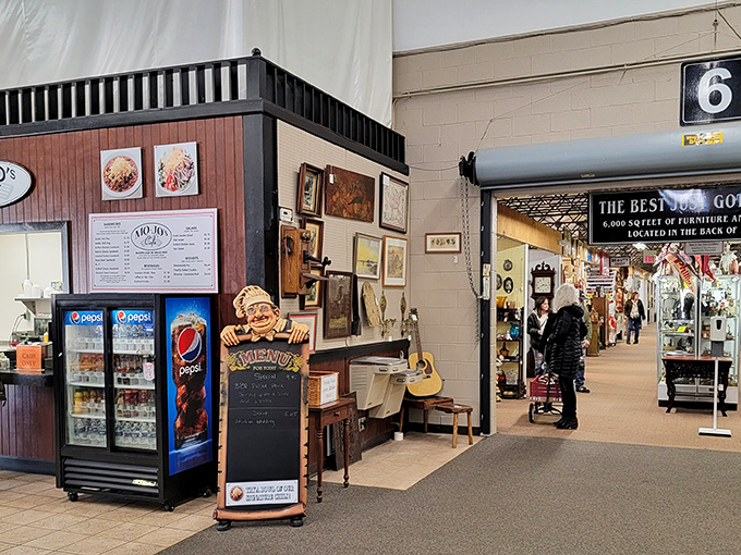 The caf&eacute; area offers a strategic refueling station. Because serious antiquing requires serious snack breaks between booths.