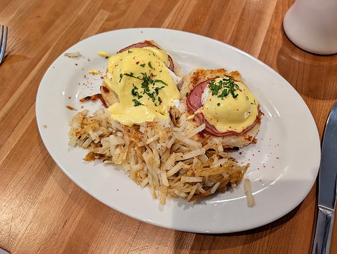 Eggs Benedict gets the Cajun treatment here &ndash; those golden poached eggs and crispy hashbrowns are the breakfast equivalent of hitting the lottery.