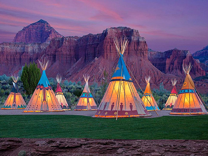 Not your average campground! These colorful teepees at Capitol Reef Resort offer glamping with a spectacular backdrop that would make John Ford weep.
