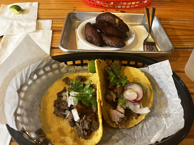 These tacos aren't just served&mdash;they're presented like edible art. The carne asada's char marks are nature's way of saying "you're welcome."
