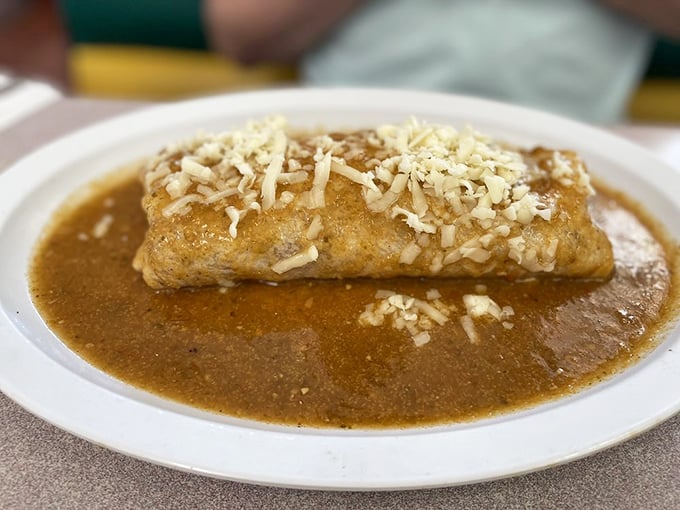Behold the carnitas burrito in its natural habitat—swimming in green chile sauce and topped with just enough cheese to make you weep.