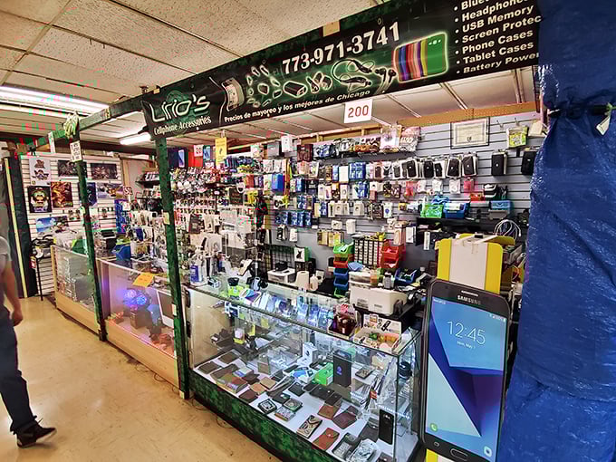 Tech treasures galore at this cell phone accessories booth. The modern-day equivalent of a haberdashery, but for our electronic appendages.