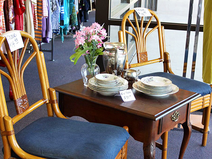 Rattan chairs and vintage dishware—the perfect setting for your next dinner party or impromptu "I found all this at a thrift store" humble brag.