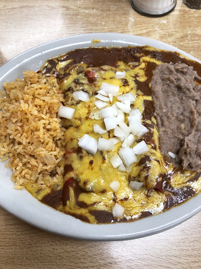 Behold: cheese enchiladas swimming in chili gravy with a sprinkle of onions—the Tex-Mex equivalent of a warm hug from your favorite aunt.