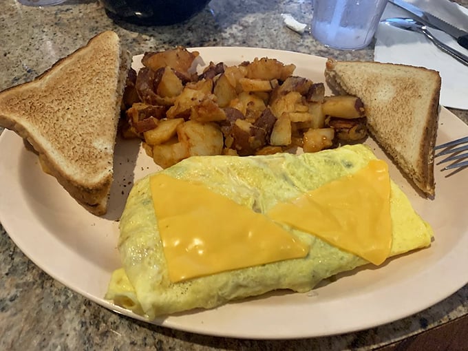 This cheese omelet isn't just breakfast, it's an event. Golden perfection on the outside, melty goodness within, and those home fries looking like they've achieved potato nirvana.