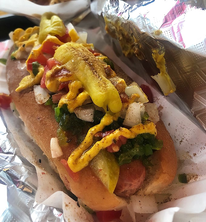 This isn't just a hot dog&mdash;it's a masterpiece of toppings architecture, where mustard, relish, and onions perform a flavor symphony in every bite.