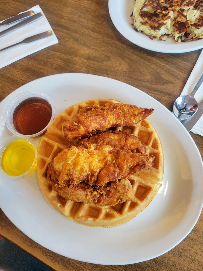 The holy matrimony of crispy, golden-fried chicken and fluffy waffle&mdash;a relationship counselor couldn't design a more perfect pairing of opposites.