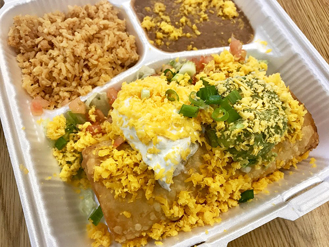 This chimichanga combo doesn't need Instagram filters to shine&mdash;a golden-fried treasure topped with cheese and served with perfectly seasoned rice and beans.
