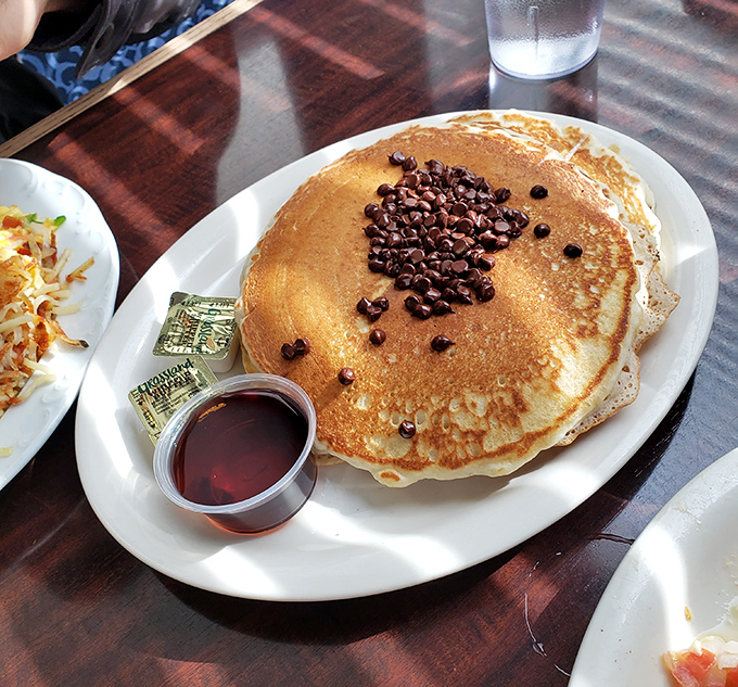 Behold the chocolate chip pancake in its natural habitat&mdash;golden brown, perfectly round, and sporting a cluster of chocolate chips like a badge of honor.