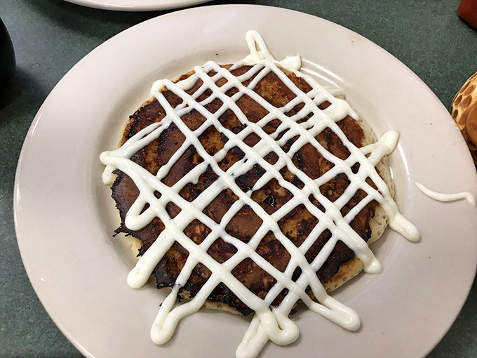 Cinnamon roll meets pancake in this sweet marriage of breakfast favorites. That cream cheese glaze creates the kind of morning commitment issues therapy can't fix. 