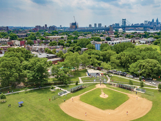 Baseball diamonds and green spaces dot Camden's landscape, providing free recreation with million-dollar views of the Philadelphia skyline across the Delaware.