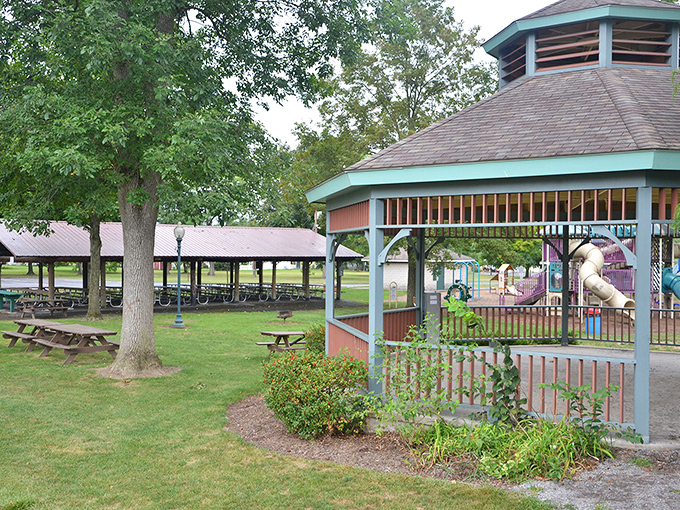 This charming gazebo and playground area offers families a perfect afternoon retreat. I half expected to see Norman Rockwell setting up his easel nearby.