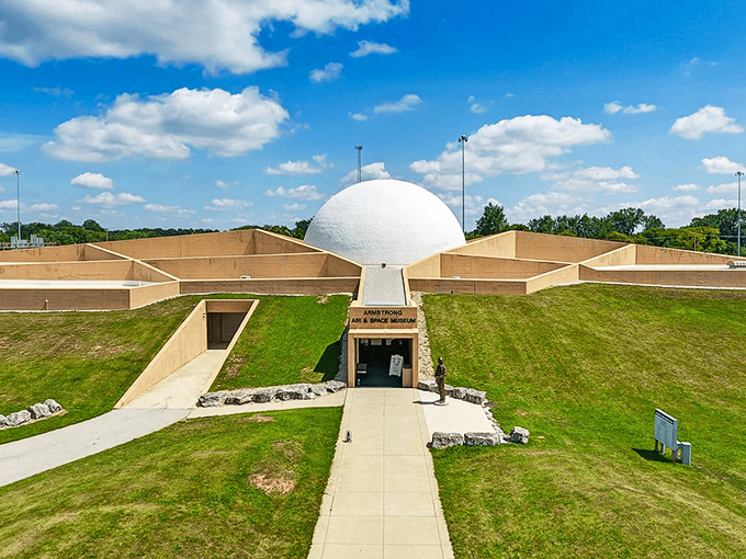 The Armstrong Air & Space Museum's distinctive dome seems to have landed from another planet, much like its namesake did on the lunar surface.