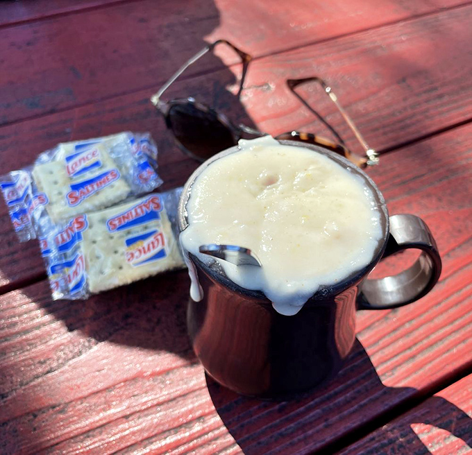 Clam chowder that demands respect &ndash; creamy, hearty, and served with those little packets of crackers that somehow taste better than they do anywhere else.