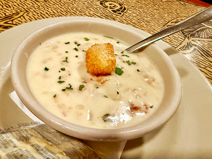 The holy grail itself&mdash;creamy New England clam chowder topped with a golden crouton. This bowl of comfort is what seafood dreams and return visits are made of. 
