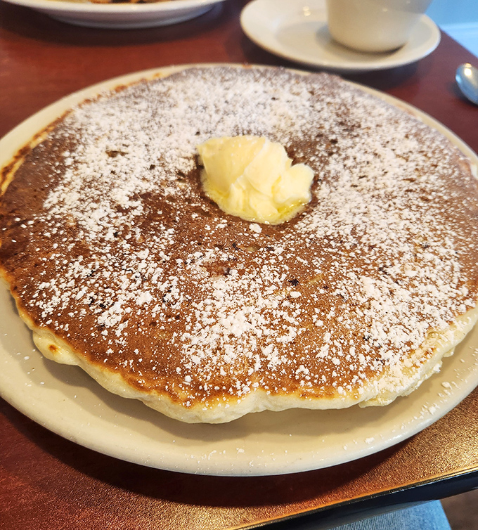This isn't just a pancake; it's a golden canvas dusted with powdered sugar, waiting for your syrup artistry.