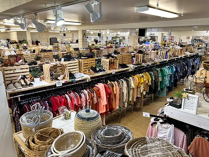 Racks upon racks of carefully organized clothing await, arranged with the precision of a library and the excitement of a surprise party for your wallet.