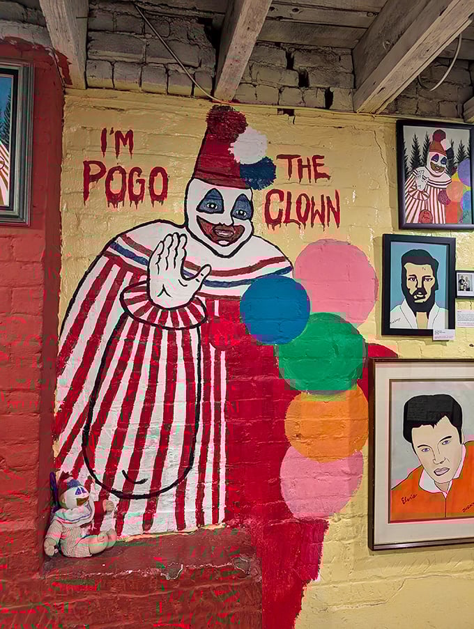 Meet Pogo the Clown, whose cheerful wave belies his sinister backstory. Nothing says "sweet dreams tonight" quite like vintage carnival art with a dark twist.